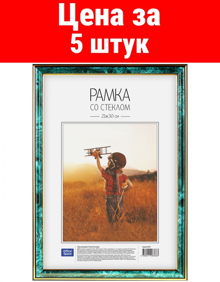 Комплект 5 шт, Рамка пластиковая 21*30см, OfficeSpace, №2, малахит