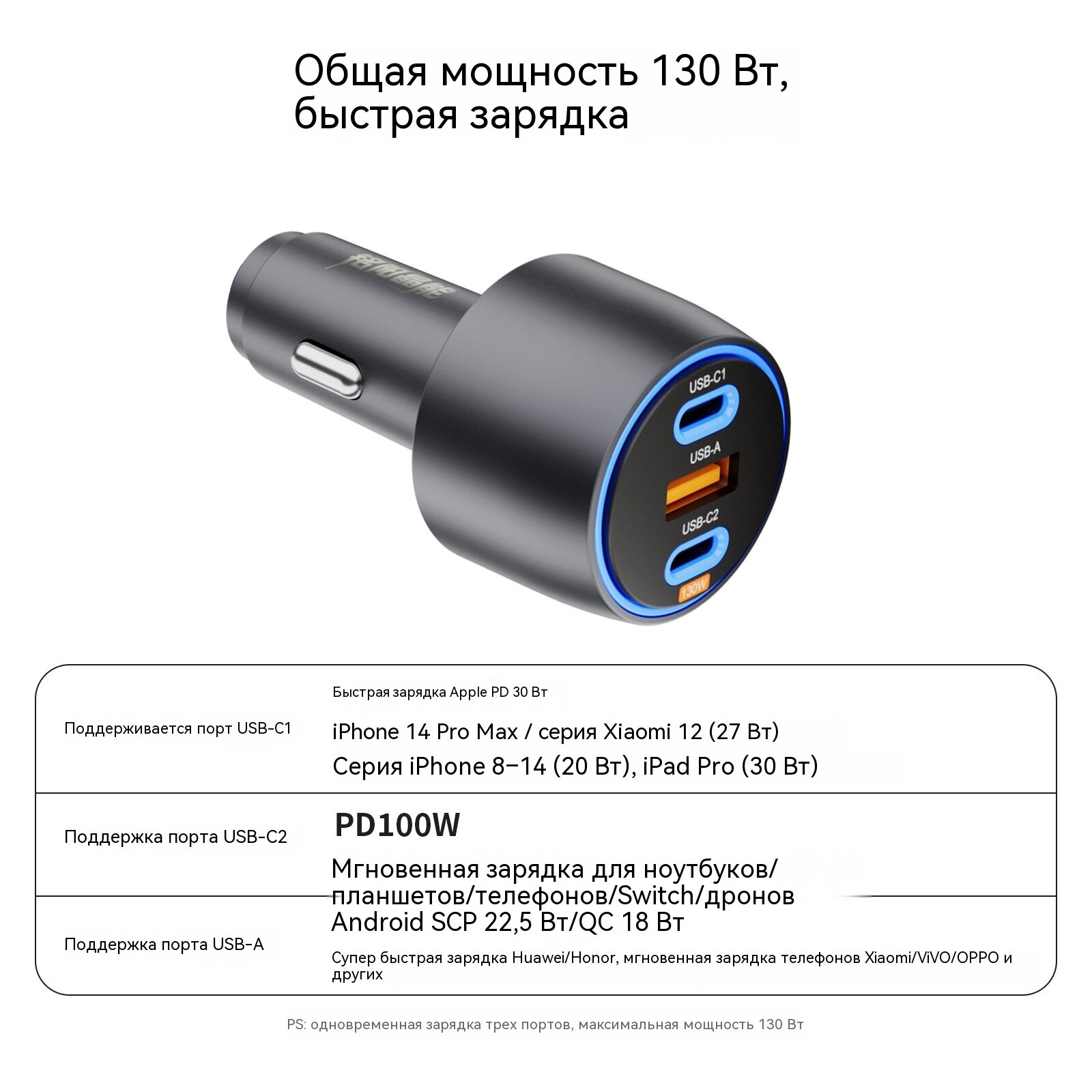 Автомобильное зарядное устройство 130Вт с тремя портами 1A2C из алюминиевого сплава серебристого цвета для быстрой зарядки