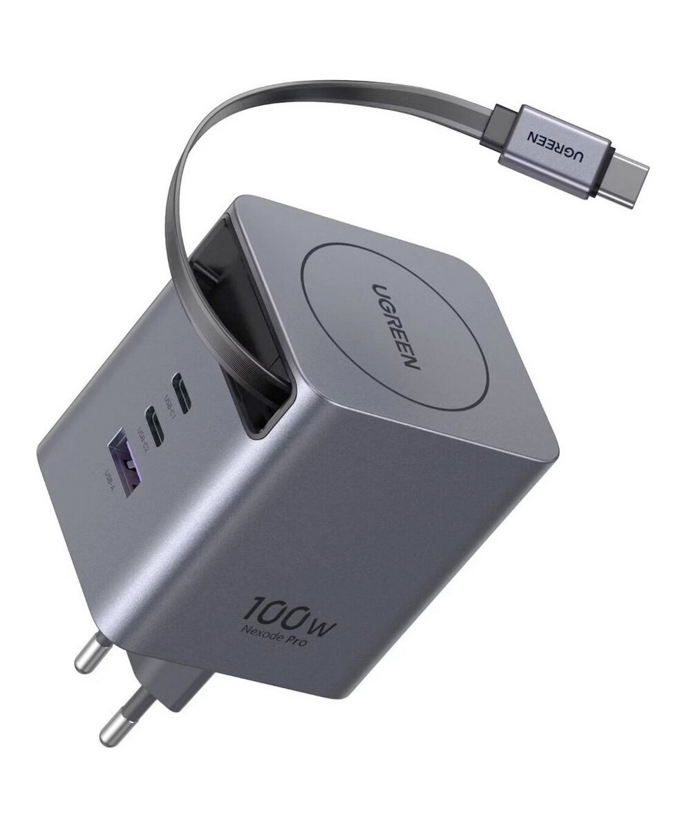 Сетевое зарядное устройство Зарядное устройство UGREEN X616 (65828) 100W GaN 2*USB-C&USB-A with Retractable Cable серый космос Серый космос USB-A / Type-C RU