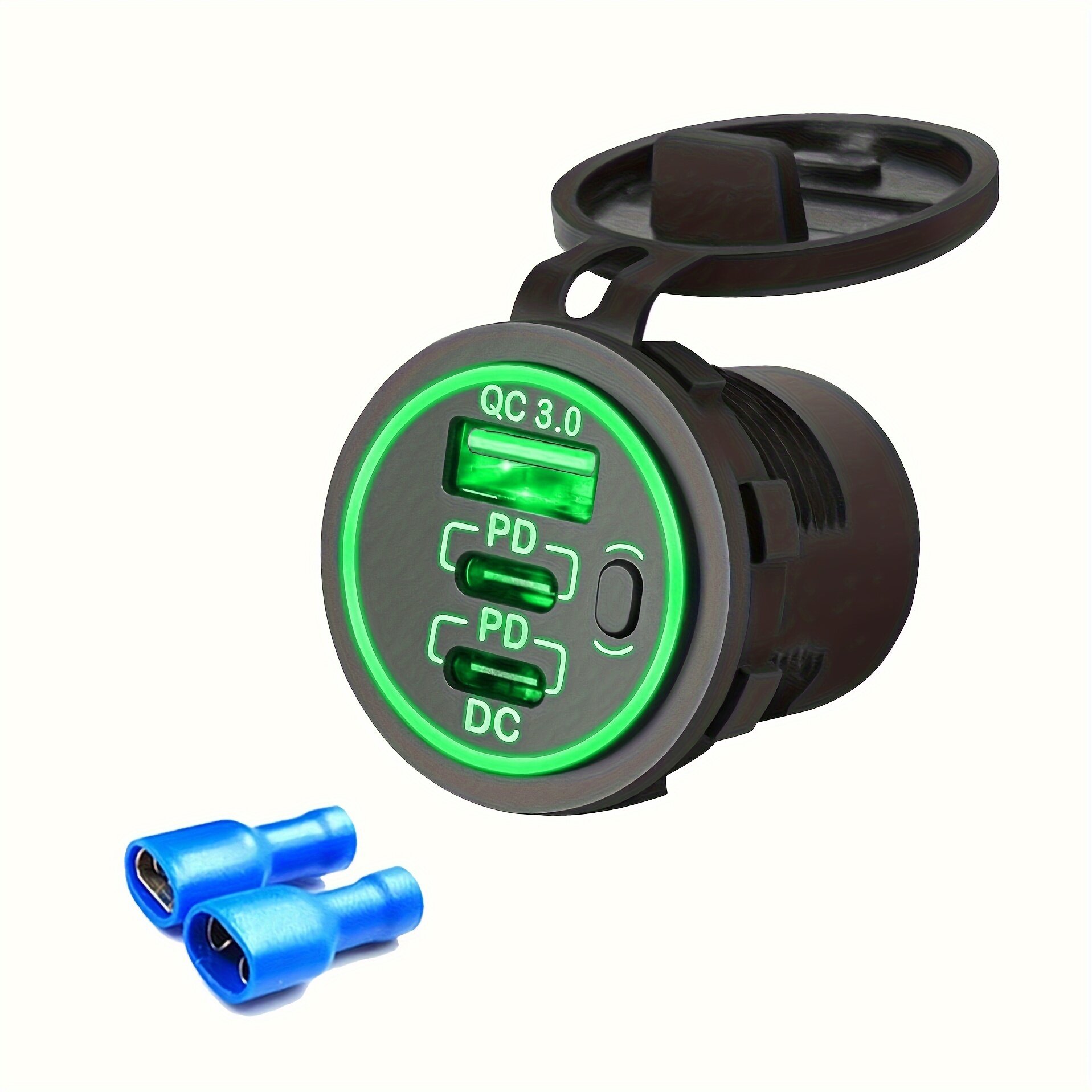 Автомобильное зарядное устройство в прикуриватель на 3 порта с USB Type-C, PD3.0 и QC3.0, с кнопкой включения, для автомобилей, лодок, судов, квадроциклов, автобусов, грузовиков, внедорожников и мотоциклов 12/24 В, зеленая подсветка, без пр