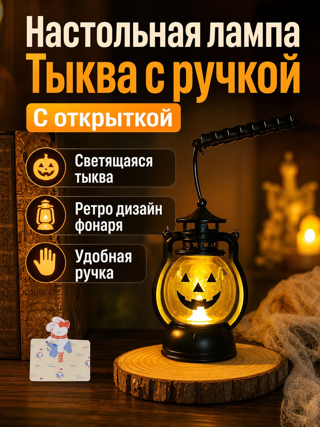Светильник LED в виде тыквы на Хэллоуин с ручкой: оранжевый фонарь Джека, черная ручка комплект с открыткой