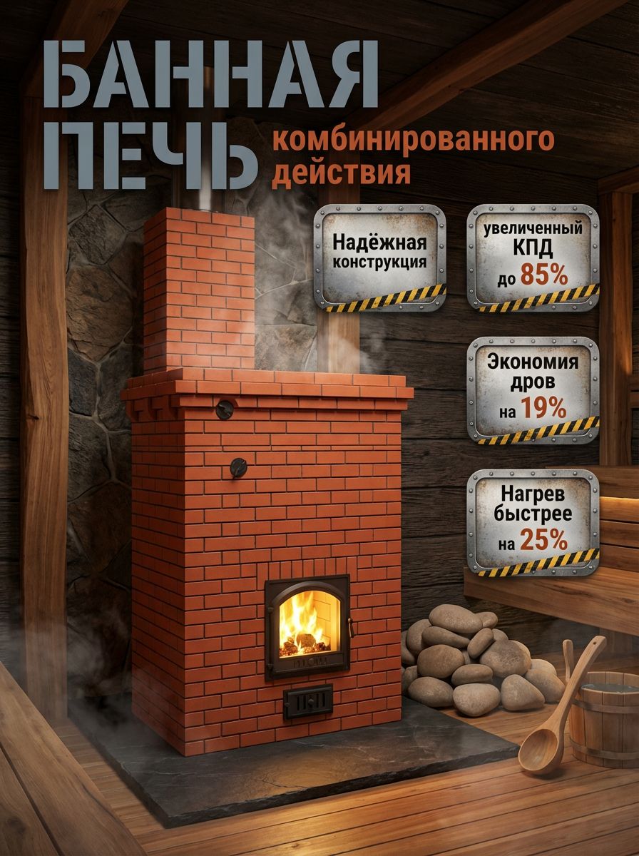 Проект Банная печь №100. 40 кубов или 16 кв. м. Комбинированная. Нагрев на 25% быстрее