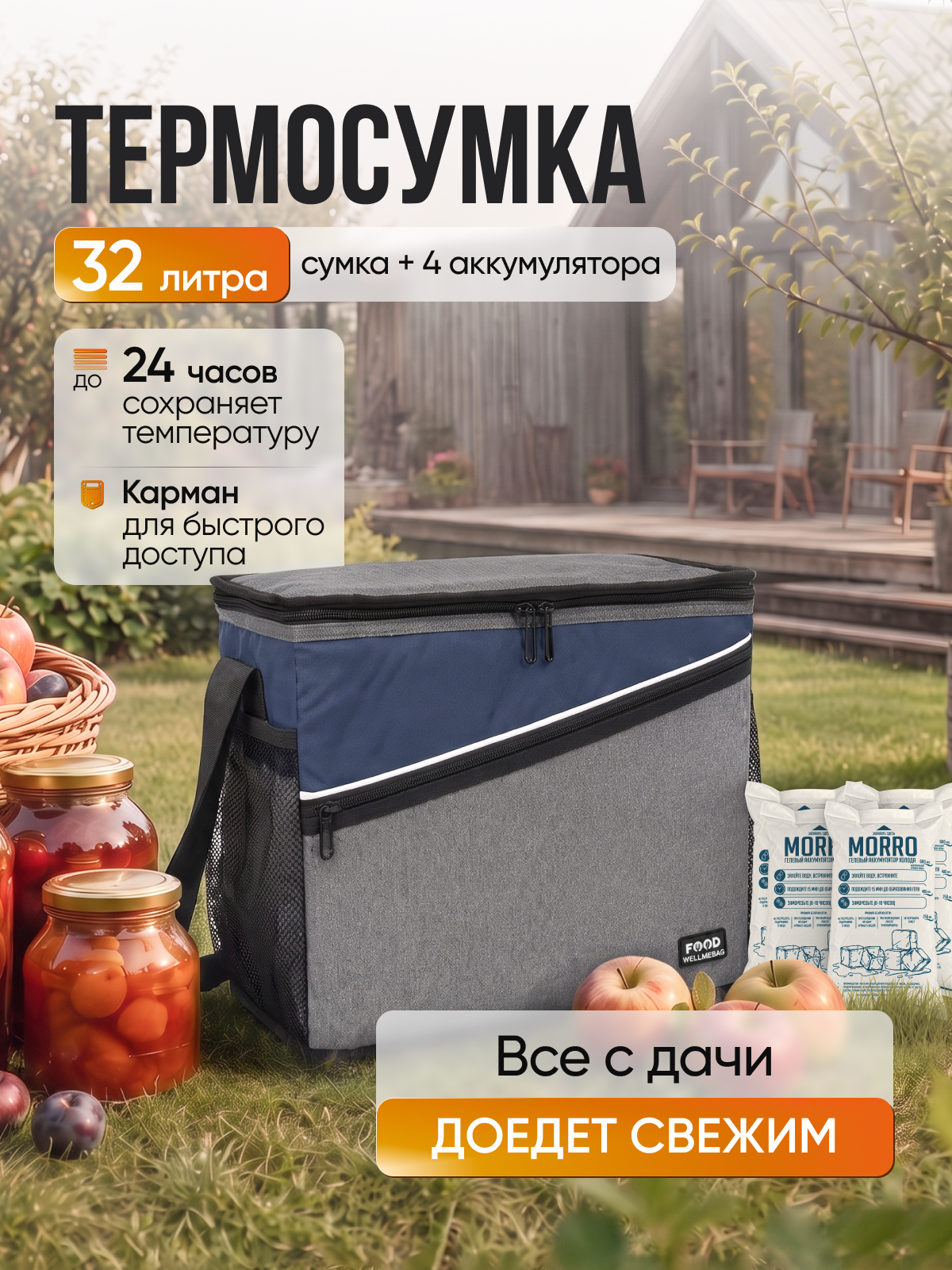 Термосумка 32 литра (Двухцветная: Серый + Синий) + 4 гелевых аккумуляторов холода по 600 мл.