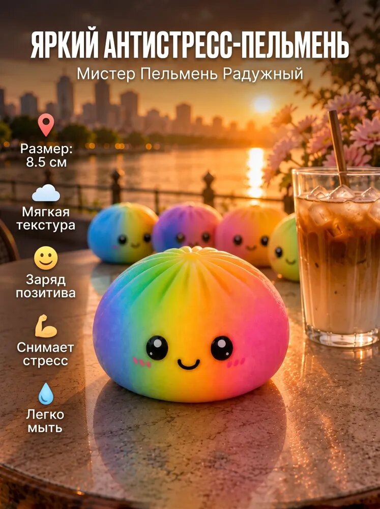 Игрушка-антистресс тамблинг сквиш пельмень 8.5 см, радужный