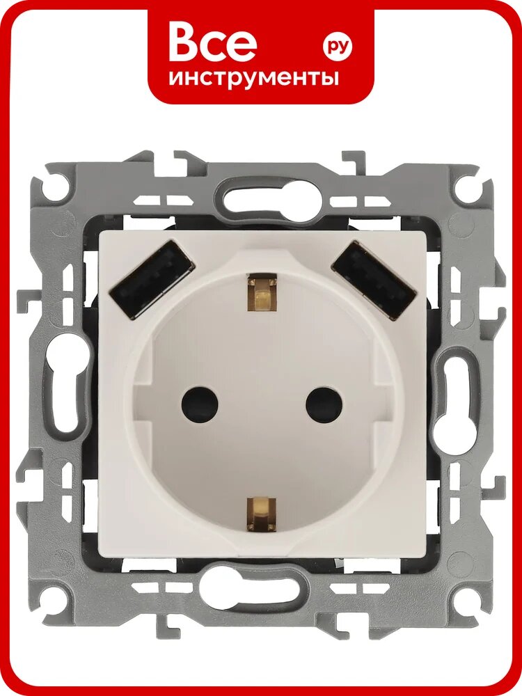 Розетка ЭРА Elegance 14410902, 2PE, 16A/250В, шторки, с 2xUSB 5В/3А, слоновая кость 10/100/2000 Б0047868