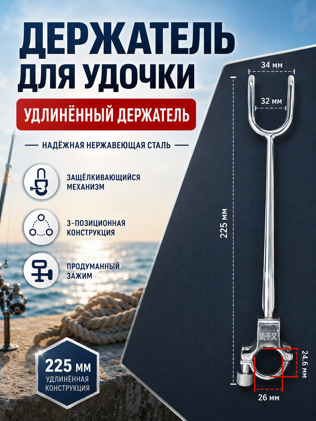 Роговая подставка для удочки металлическая, нержавеющая сталь, габариты 105х66 мм, надёжная фиксация удилища во время береговой рыбалки