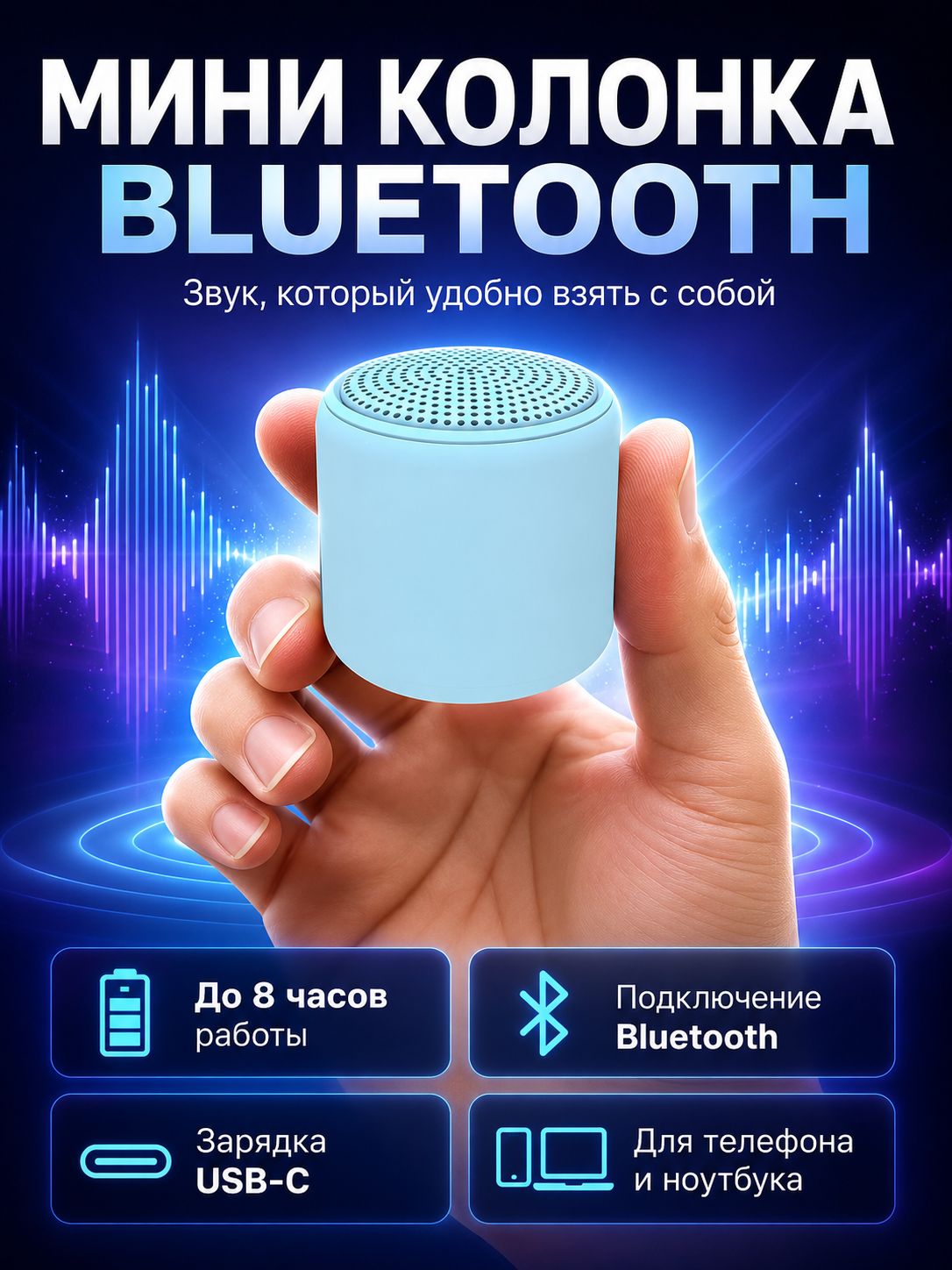 Портативная Bluetooth-колонка мини 4,5 см, беспроводной динамик для телефона и ноутбука, USB-C, до 8 часов, голубая