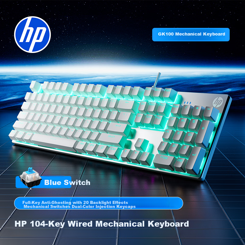 HP GK100 Механическая проводная игровая клавиатура 104 клавиш, ледяно-голубая ось, эргономичная Цвет и эффекты