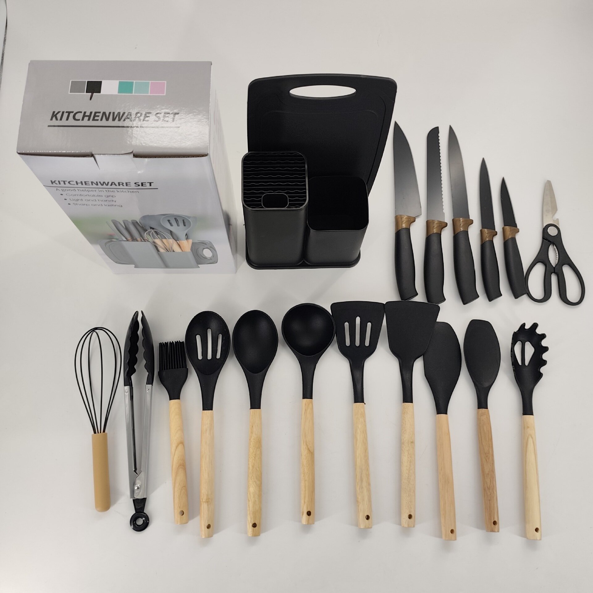 Набор силиконовых кухонных принадлежностей KITCHENWARESET — универсальный комплект для готовки, Миниатюрная набор из 19 предметов из силикона, черный цвет.