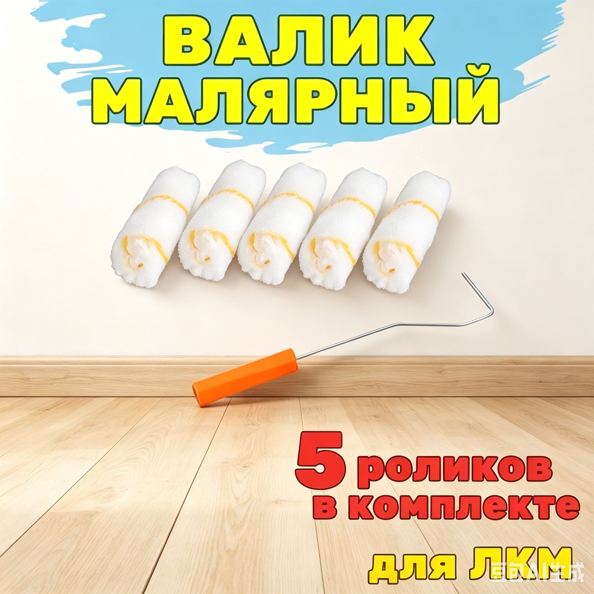 Малярный валик набор: 1 ручка + 5 сменных роликов, велюровые, для латексной водоэмульсионной краски, покраска стен потолков при ремонте, не оставляет ворсин и подтеков