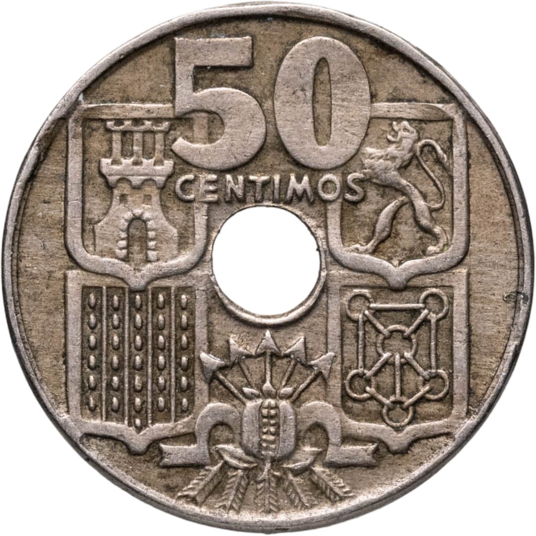 Испания 50 сентимо centimos 1949 1956 Стрелы направлены вверх, Мельхиор медь-никель, в сохранности XF