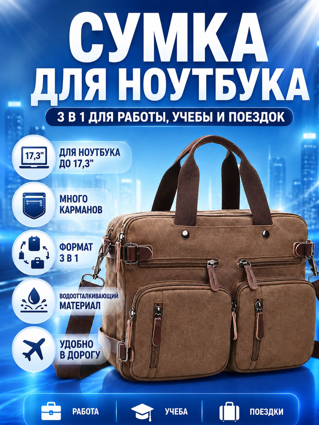Сумка через плечо для ноутбука и документов 17.3". Рюкзак мужской городской.