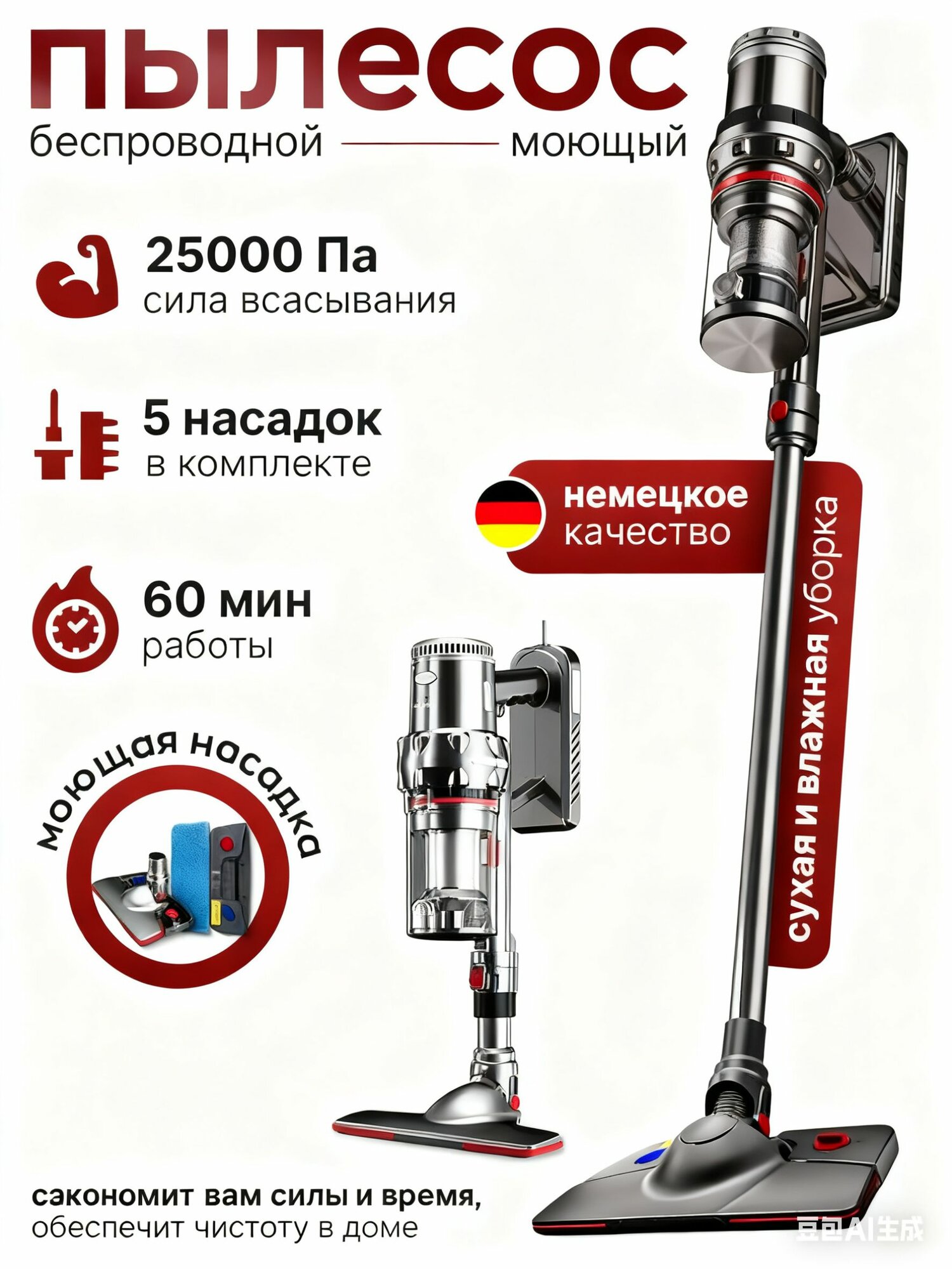 Пылесос вертикальный моющий беспроводной , 4 насадки, 2000вт, ионизация воздуха