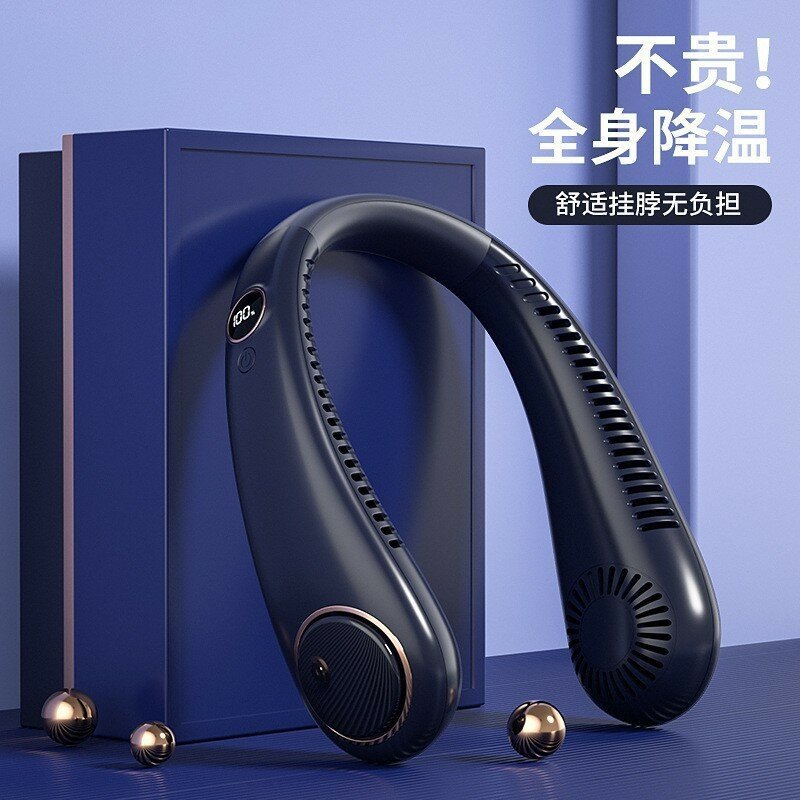Портативный USB-вентилятор на шею, дисплей, 5-скоростной бескаркасный тихий вентилятор, тёмно-синий, модель L18