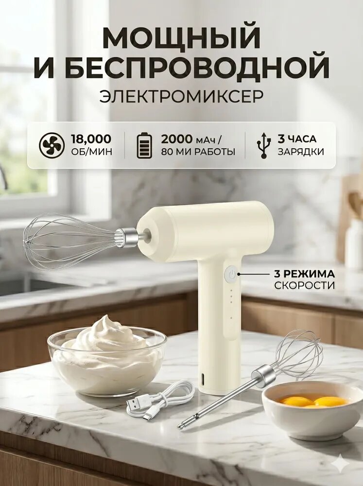 Венчик для миксера, длина 20 см, белый, из нержавеющей стали и ABS пластика