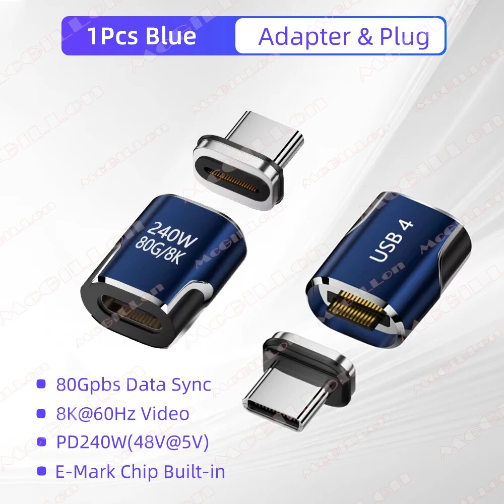 Магнитный адаптер USB4 80 Гбит/с USB-C на Type-C, 240 Вт, для быстрой Синий, 1Pcs Adapter Blue