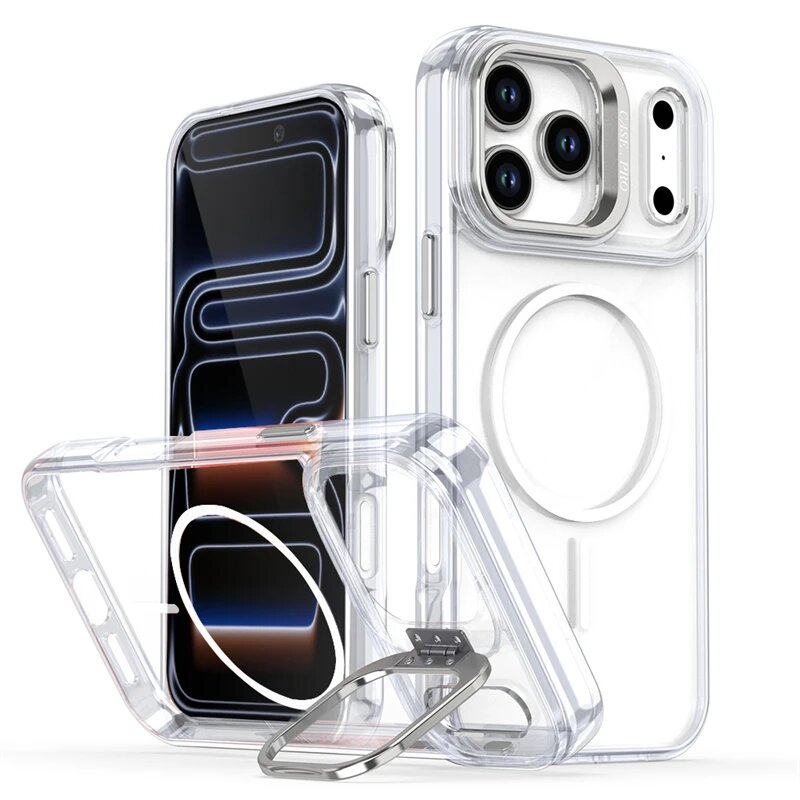 Прозрачный магнитный противоударный чехол-подставка для iPhone 17 16 15 14 iPhone 15 Pro Max, White