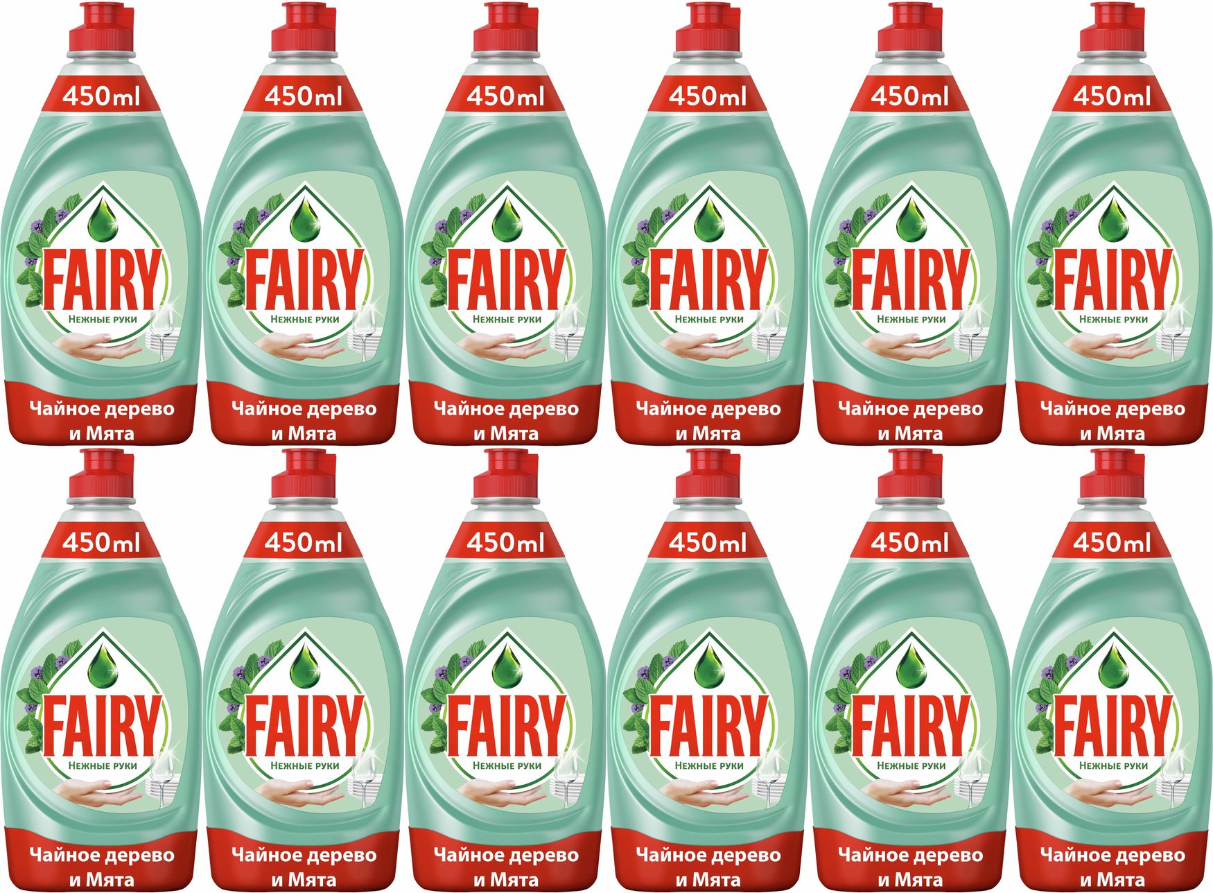 Жидкость Fairy Нежные руки Чайное дерево и мята для мытья посуды, комплект: 12 упаковок по 450 мл