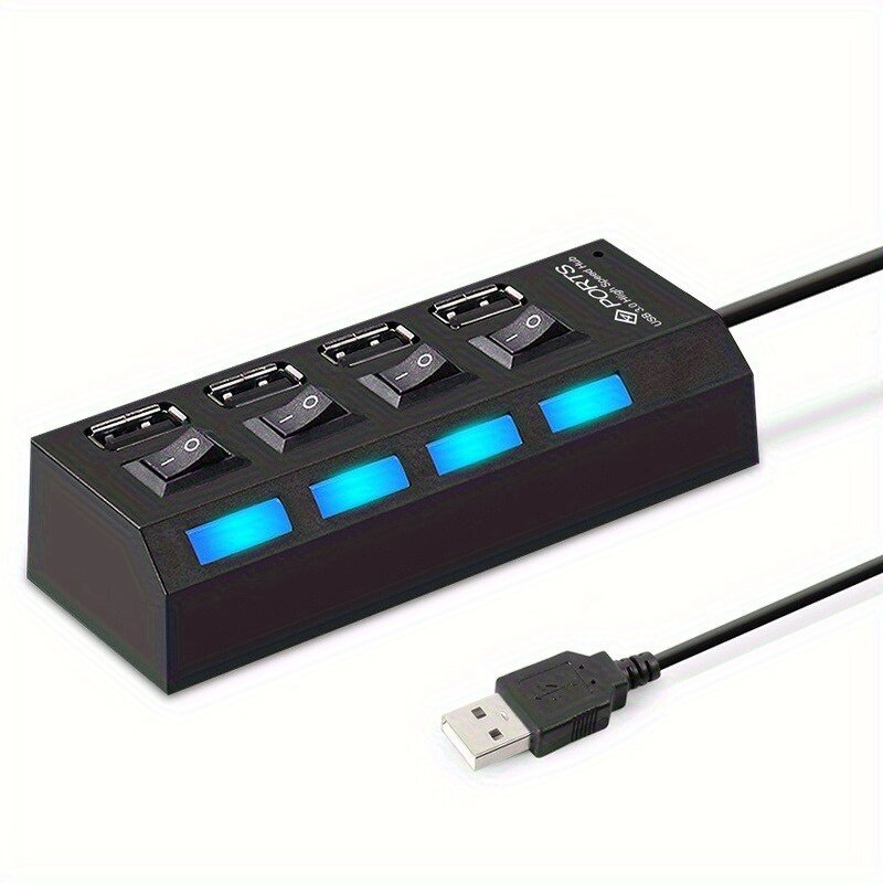 Концентратор USB 2.0 на 4 порта, черный, с индивидуальными переключателями, питание от USB, для флеш-накопителей, жёстких дисков, клавиатур и мышей, для автодомов (не для зарядки)