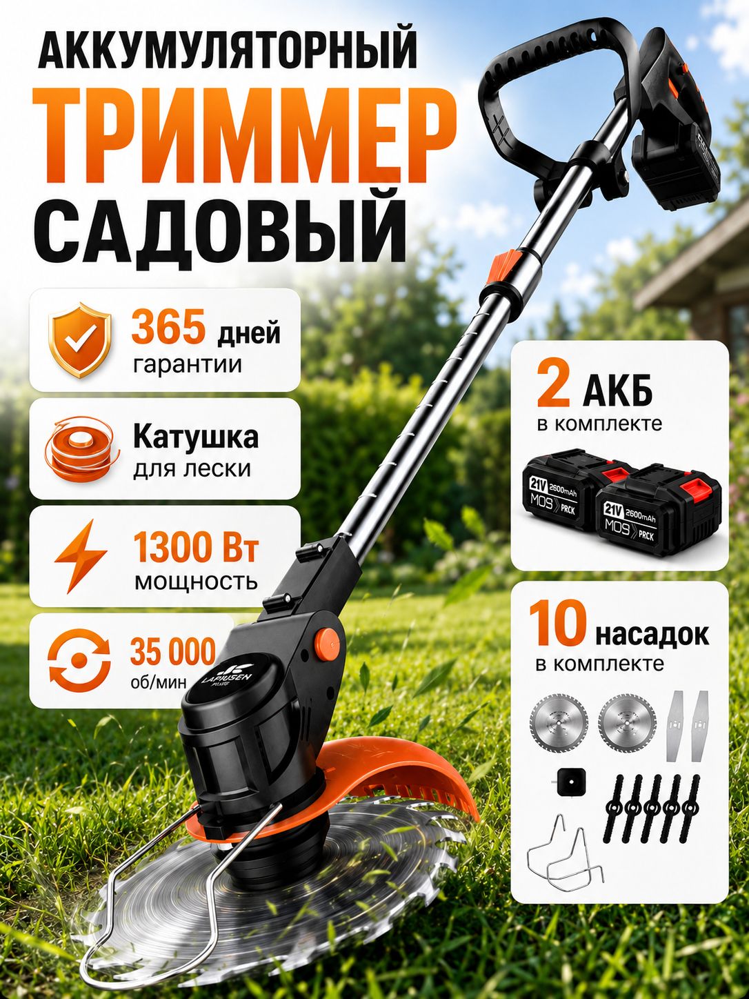 Триммер аккумуляторный садовый,35000 об/мин, с двумя аккумуляторами