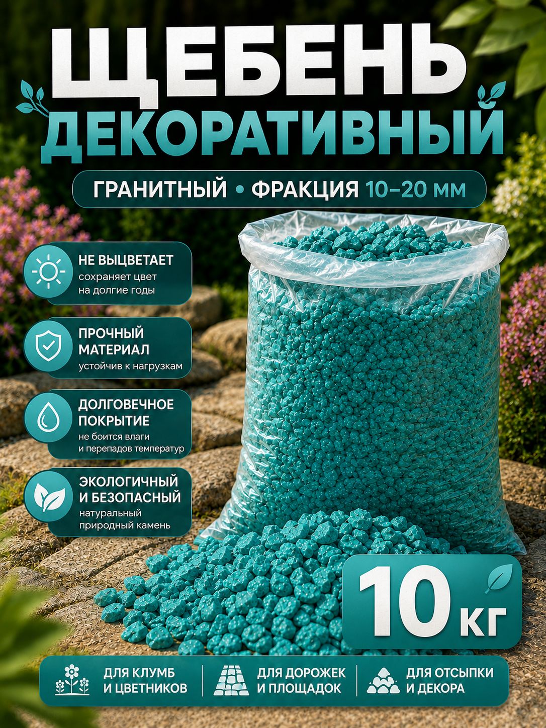 Щебень декоративный для сада, гранитный, цветной 10кг