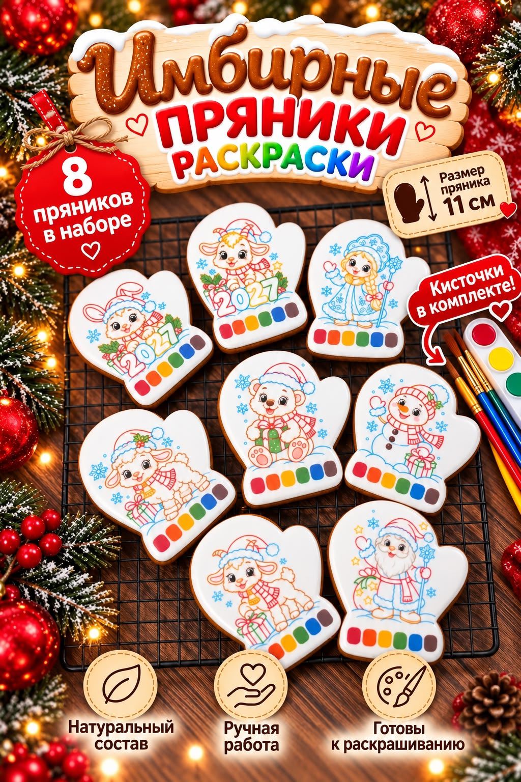 Имбирные пряники раскраска на новый год , 8 шт в наборе