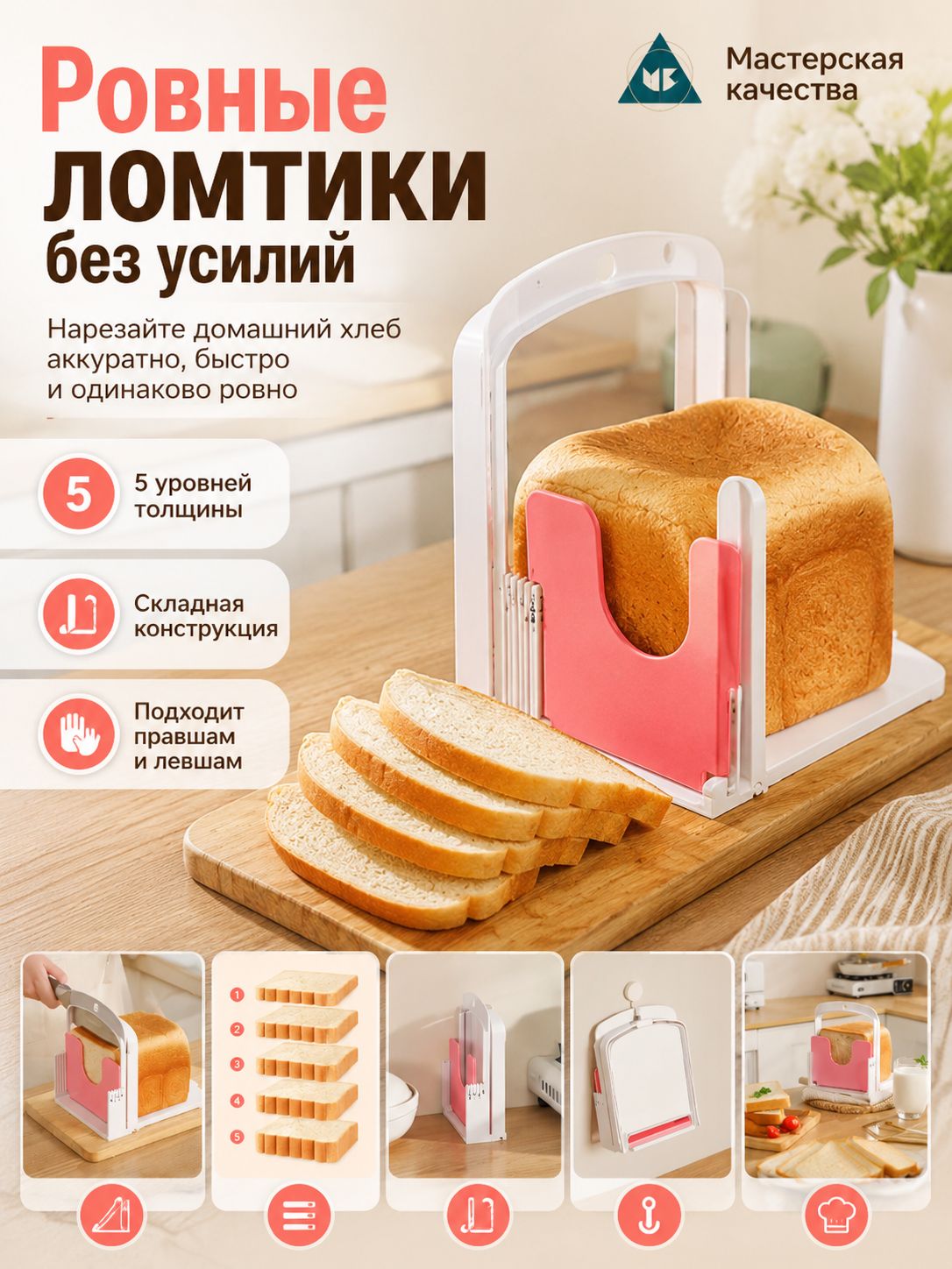 Складной слайсер для хлеба розово-белый с регулировкой толщины нарезки, Из пищевого пластика ABS, 5 уровней толщины ломтика