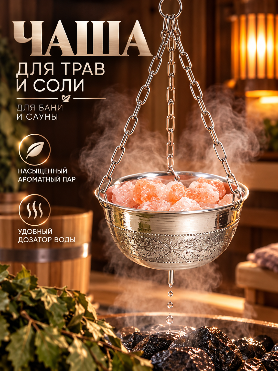 Чаша для трав и гималайской соли, подвесная с дозатором d=12см, V=0,4л
