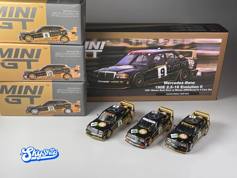 Машинка металлическая модель MINI GT 1:64 Mercedes-Benz 190E 2.5-16 Evolution II 1991 Macau Guia Race of Macau AMG/Zung Fu 3 Cars Set