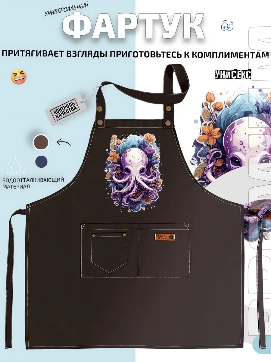 Фартук Осьминог Octopus Морской мир Глубоководный кухонный с принтом универсальный