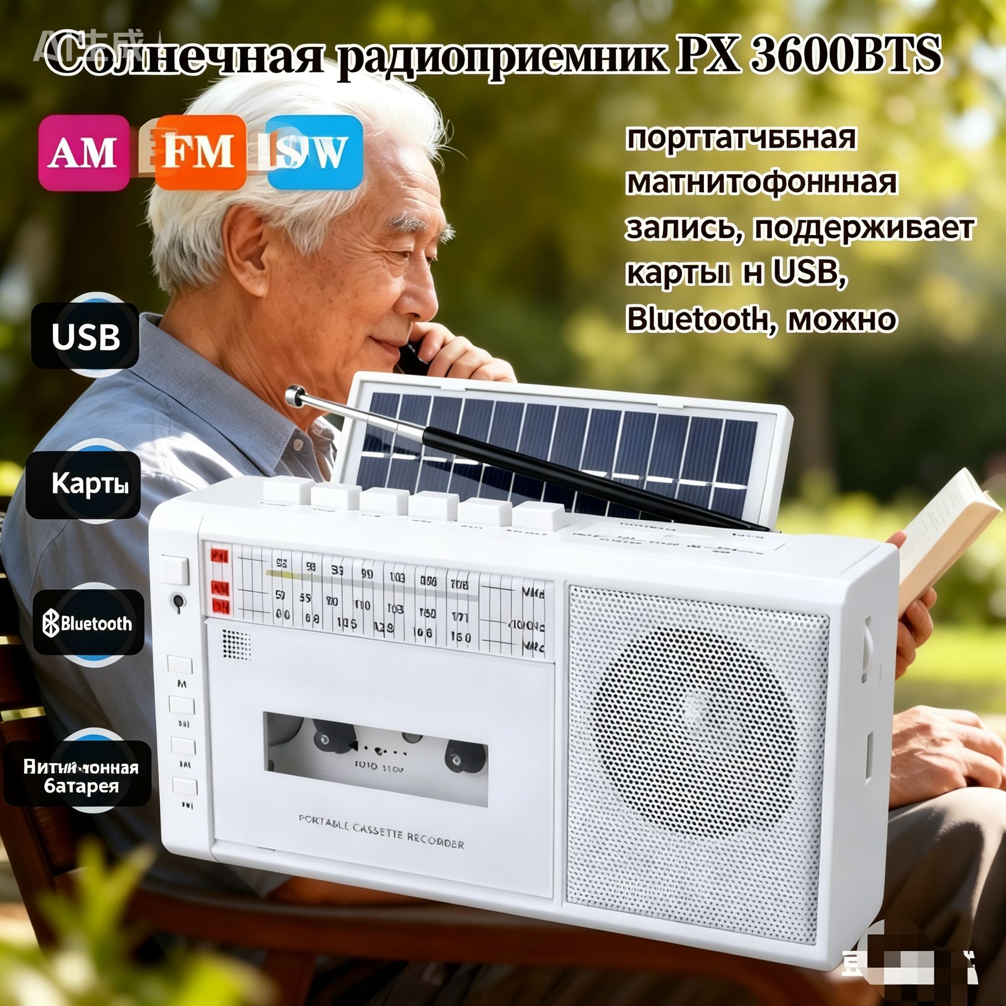 PuXing Кассетный плеер, черный матовый, белый