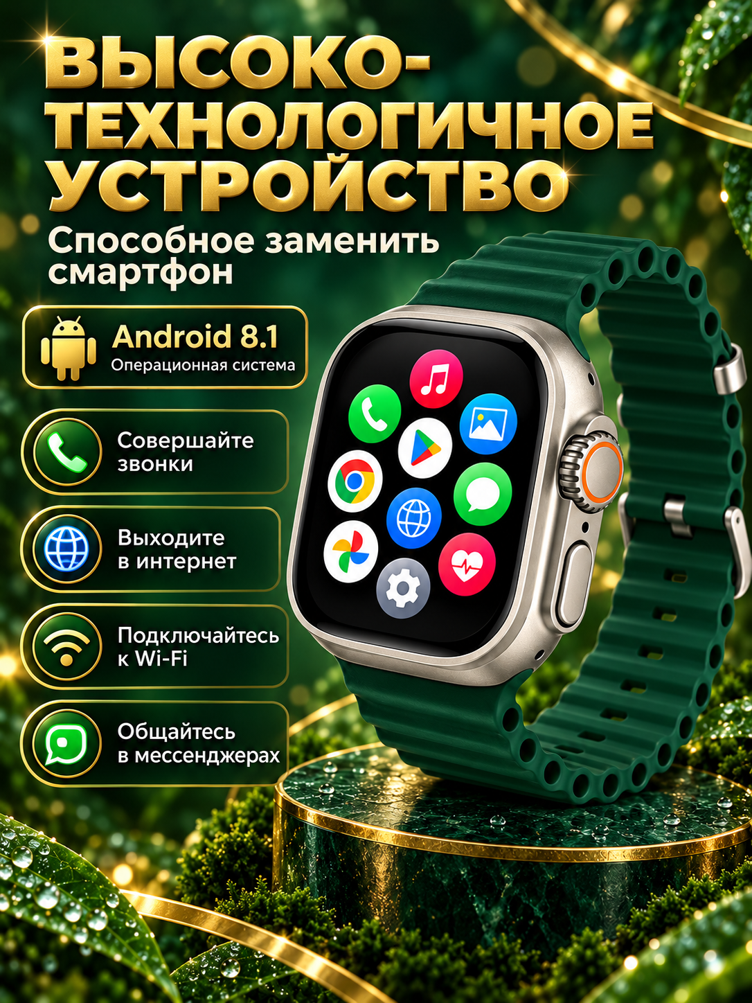 Смарт часы X9 CALL Умные часы 4G PREMIUM AMOLED, WiFi, GPS, Слот для SIM карты, Галерея, Браузер, Темно-зеленый