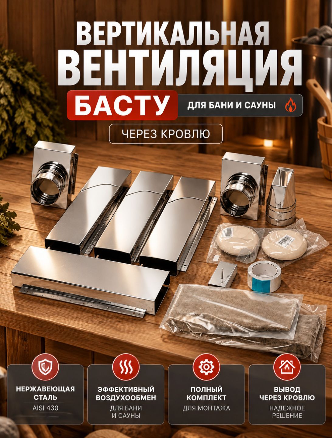Вентиляция для бани и сауны басту через кровлю, нержавеющая сталь