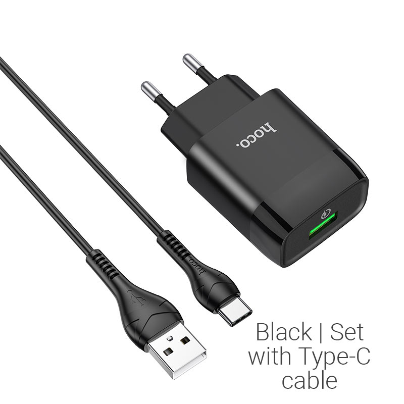 ЗУ Сетевое HOCO C72Q Glorious 1USB 3.0A QC3.0 быстрая зарядка +кабель TypeC (Black)