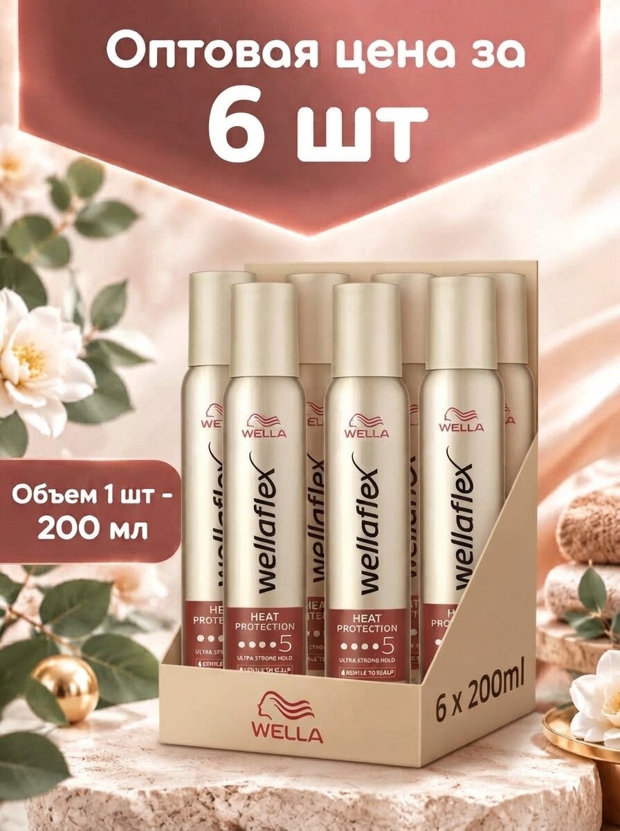 Оптом 6 шт. Мусс для укладки волос с термозащитой Wellaflex Heat Protection, 200 мл