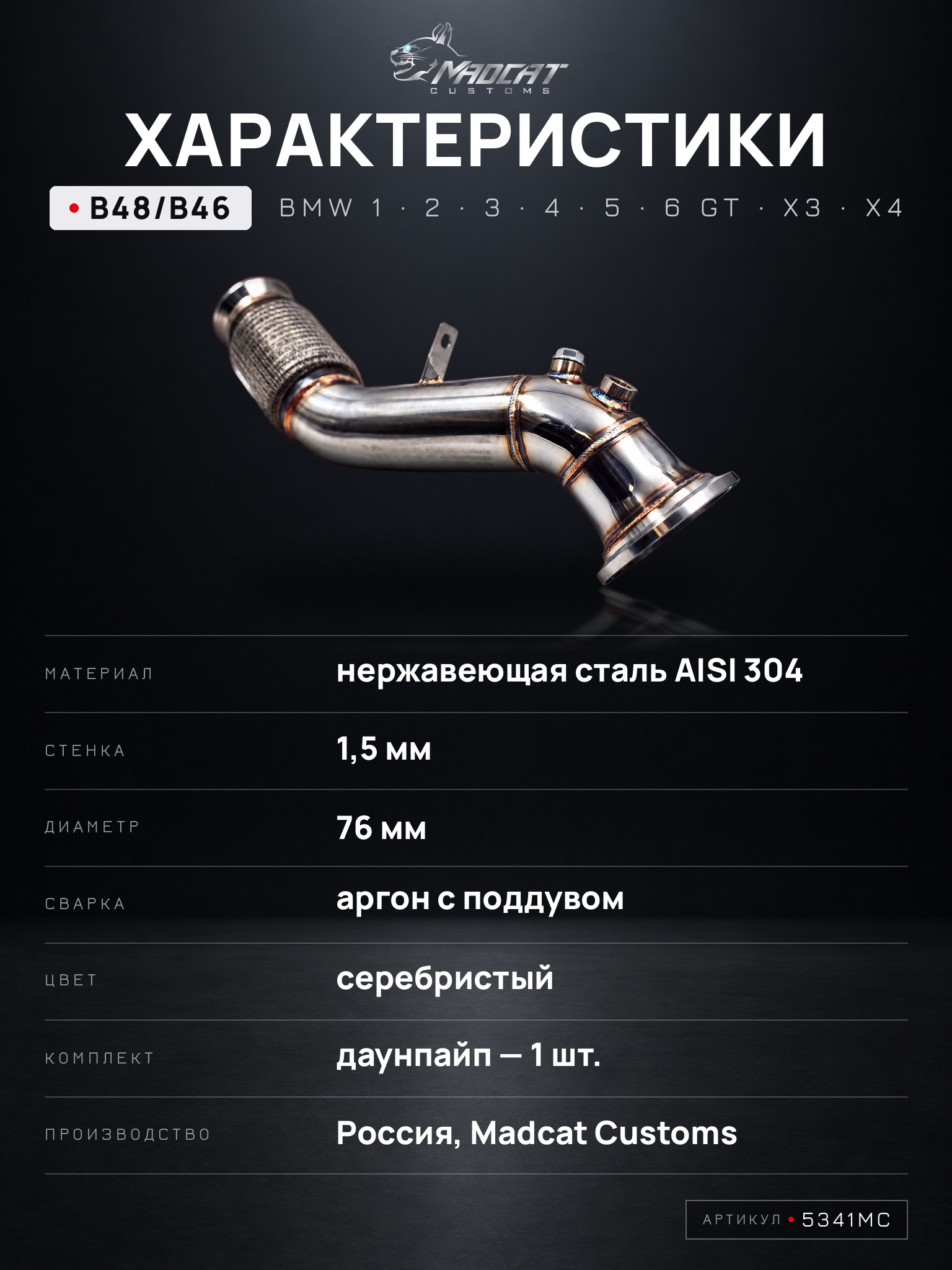 Даунпайп BMW B48 G01 G02 G20 G30 F22 F30 F32 нержавеющая сталь AISI 304 — фото 1