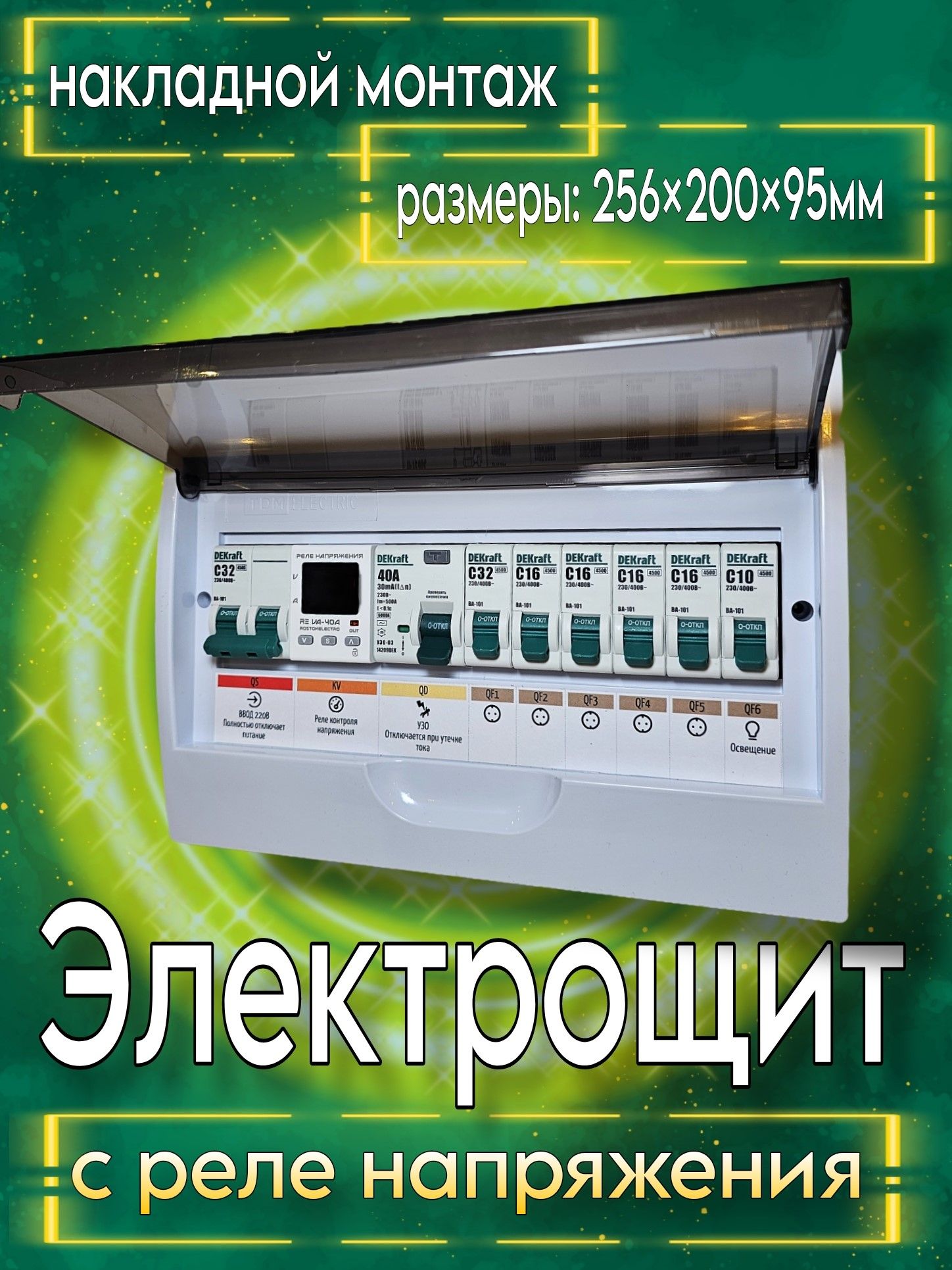 Электрощит накладной в сборе готовый к подключению с реле напряжения. Распределительный щит однофазный 32А (7,3 кВт) 220В.