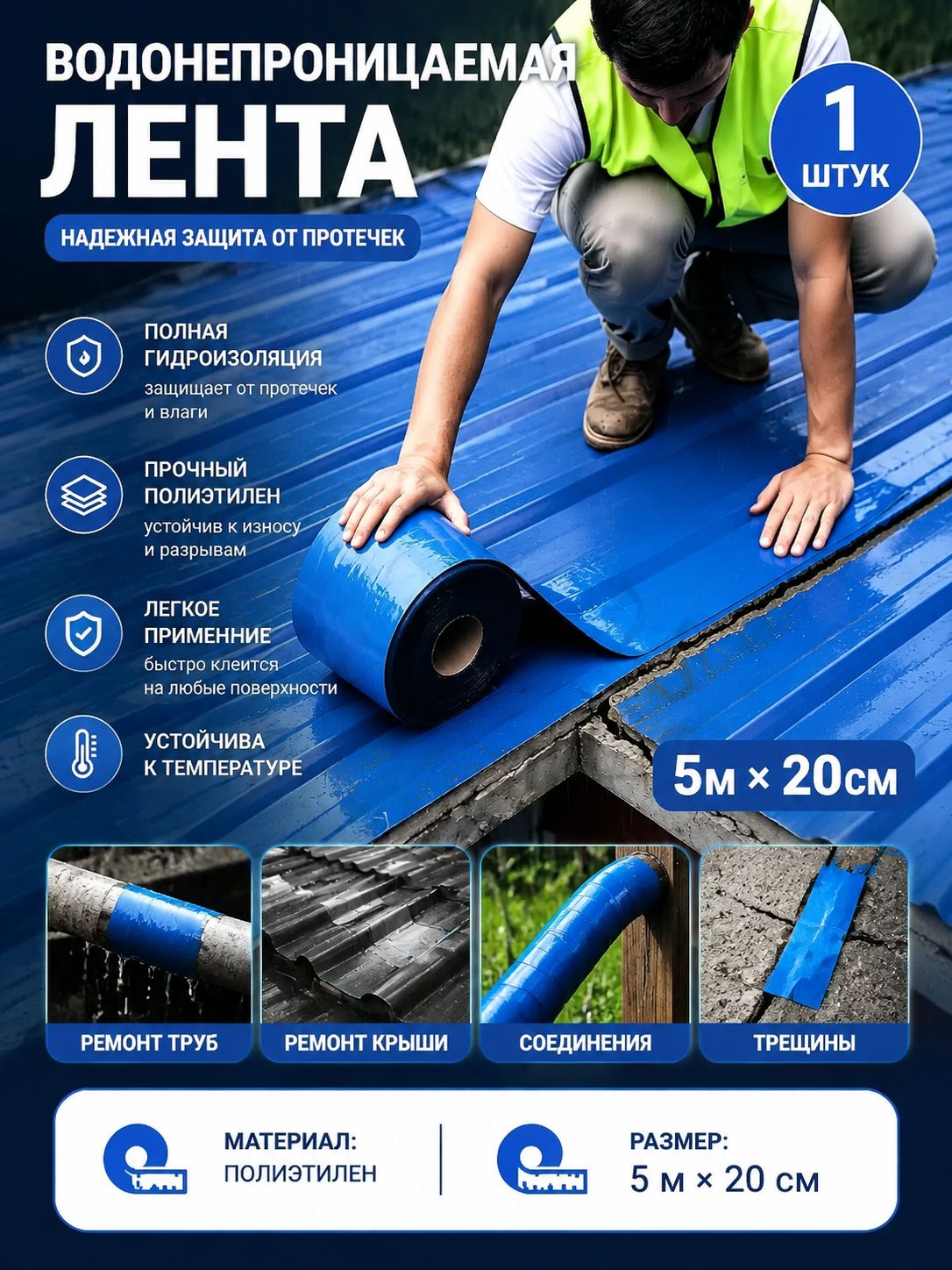 Монтажная лента 200 мм 5 м, 1 шт