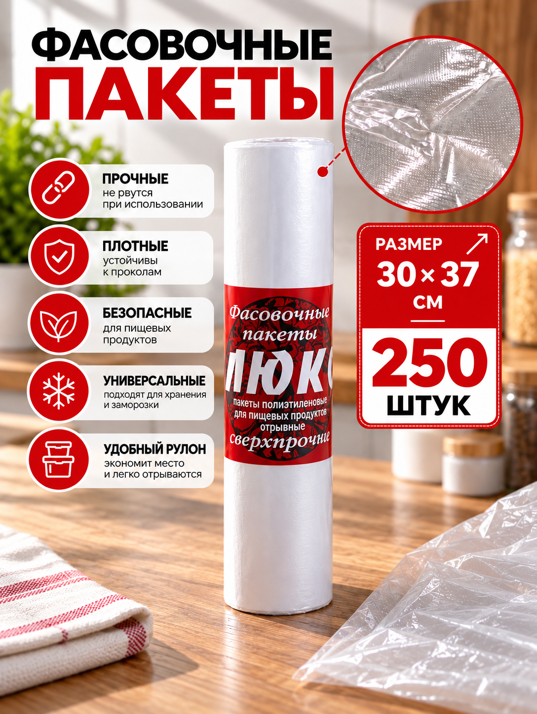 Пакеты фасовочные Люкс, 30х37 см, 250 штук в рулоне