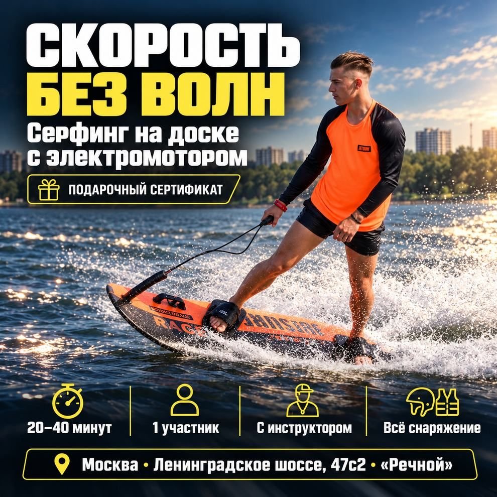 Подарочный сертификат «Серфинг на доске с электромотором» (20 минут (будни), 1 (индивидуально))