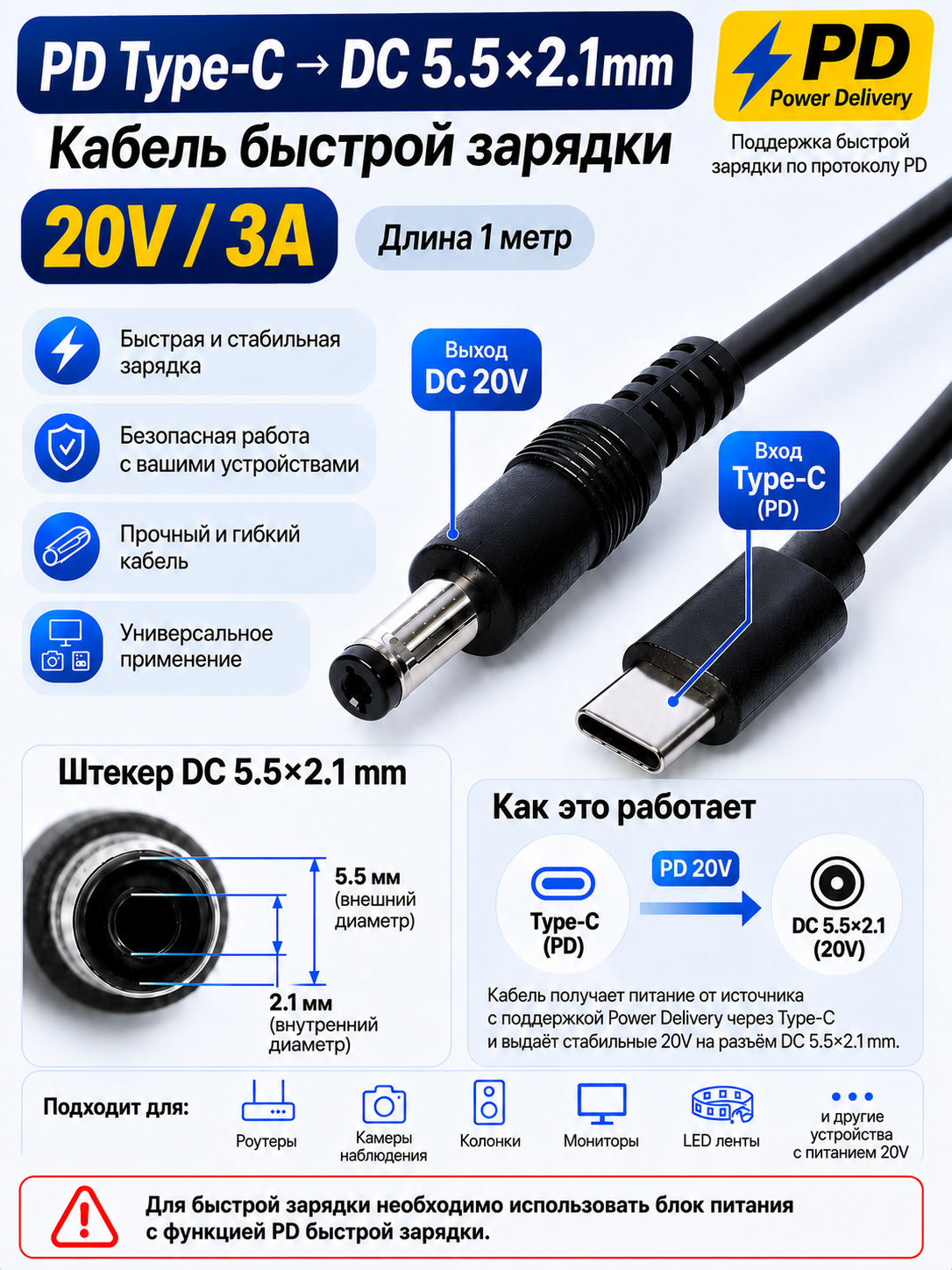 Кабель PD-триггер быстрой зарядки Type-C - DC 5.5*2.1mm 20V для мобильных устройств