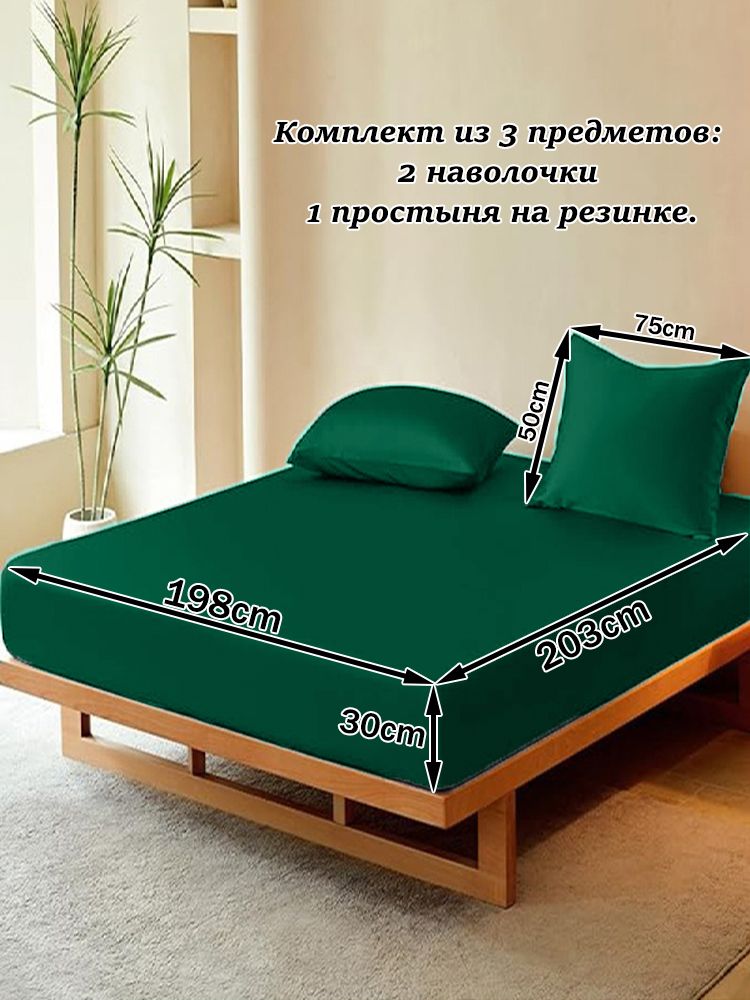 Комплект постельного белья полиэстер, наволочки 50x75, простыня 190x200 см, цветтемно-зеленый