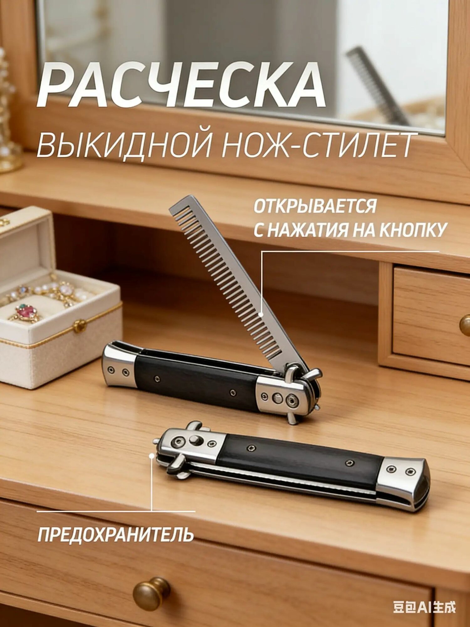Карманная складная расчёска-выкидушка, чёрная, для сумки и кармана