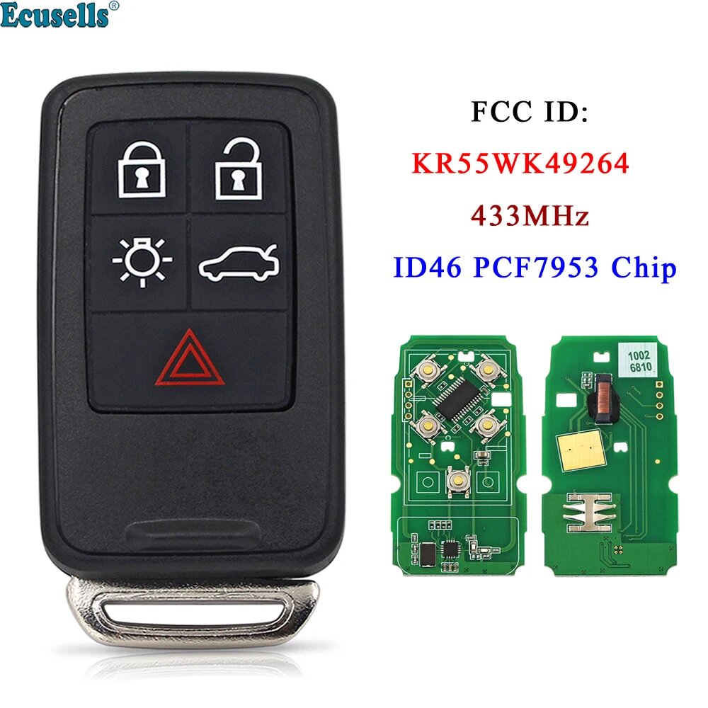 Дистанционный ключ Ecusells с 5 кнопками, 434 МГц, чип ID46 для Volvo XC60, S60, S60L, V40, V60, S80, XC70, KYDZ, с необработанным лезвием