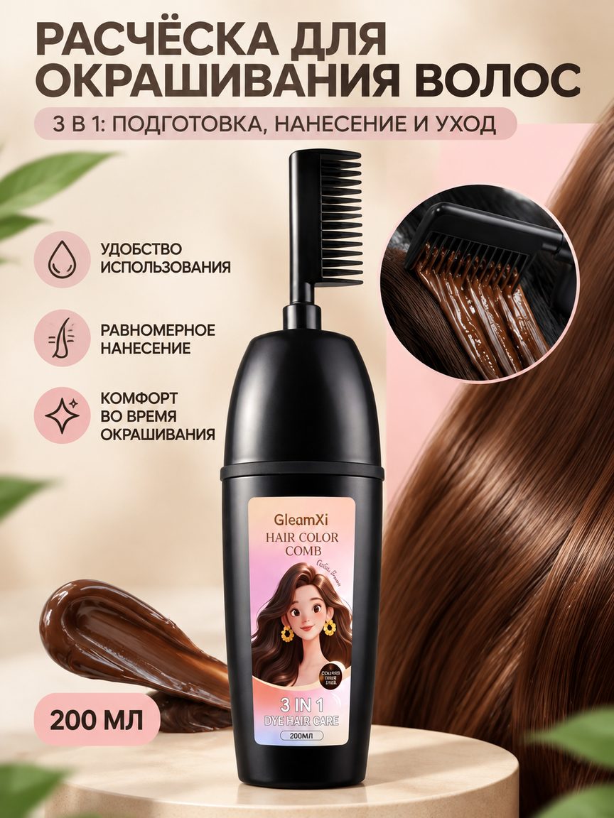 Расчёска-краска для волос коричневого оттенка, с растительными компонентами, удобное окрашивание дома