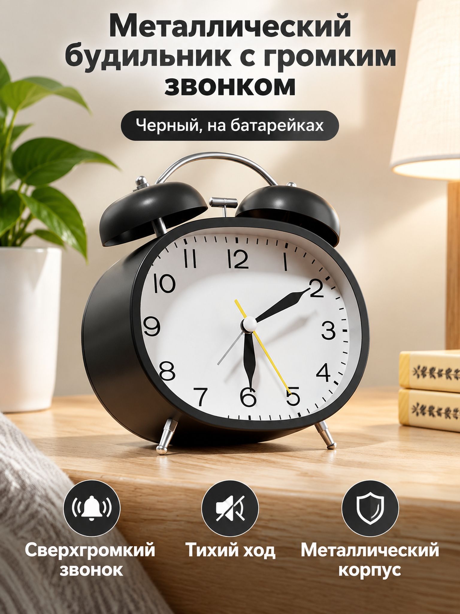 Будильник настольный металлический с громким звонком и ночным светом, круглый, с арабскими цифрами, цвет черный
