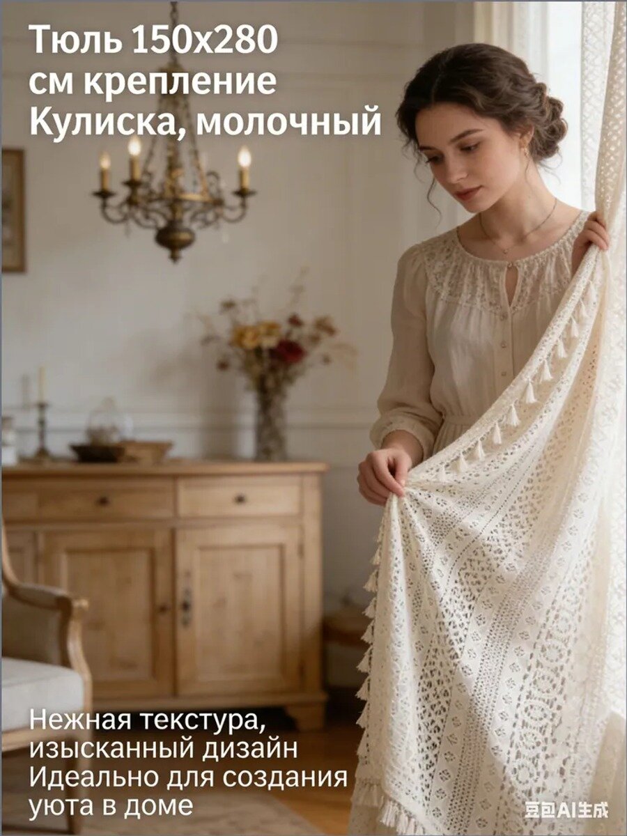 Тюль 150x280 см, крепление кулиска, светло-бежевый, полиэстер, абстракция