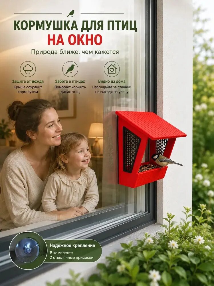 Кормушка для птиц на окно, пластиковая уличная с крышей от дождя, крепление без сверления, 24 на 17,5 на 8 см, 2 присоски, красная