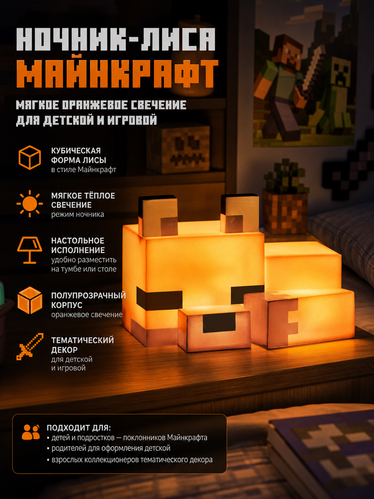 Ночник-лиса Майнкрафт в 18-Хансен: мягкое оранжевое свечение для детской и игровой