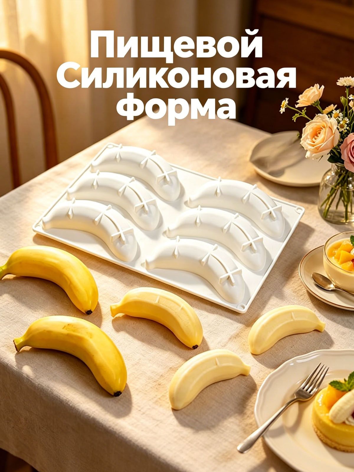 Силиконовая Форма "банан" для льда выпечки запекания бенто тортов и десертов - 6 ячеек